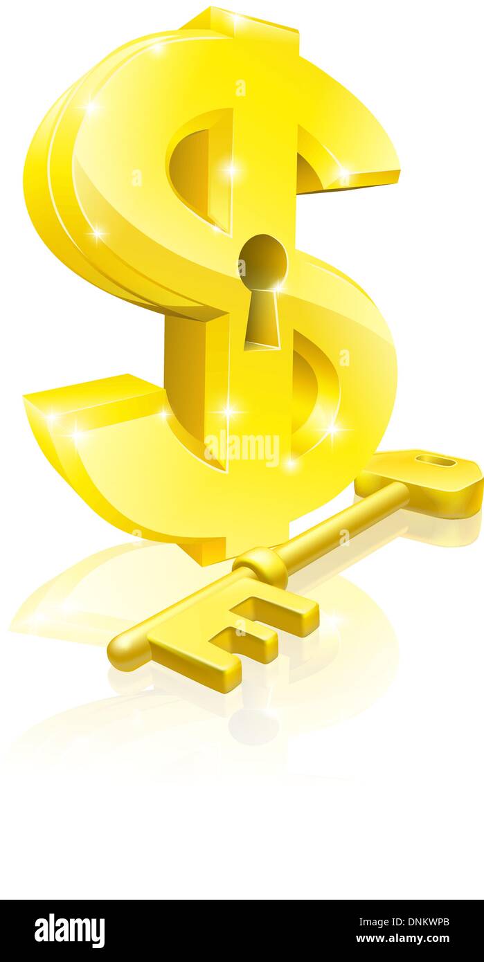 Conceptual illustration of a gold dollar sign and key. Concept for ...