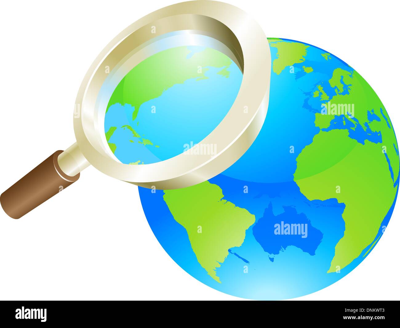 Magnifying glass zooming on world earth globe concept illustration ...