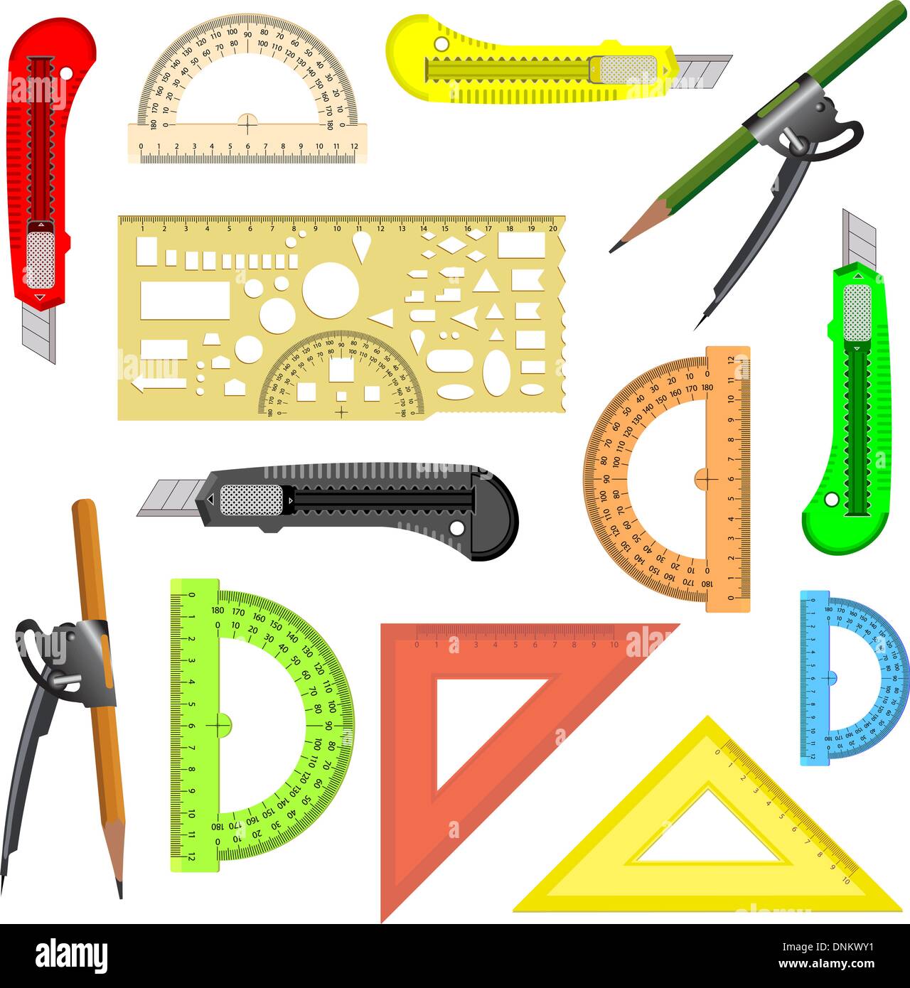 set of school instruments. Protractor, compass, protractor and a knife ...