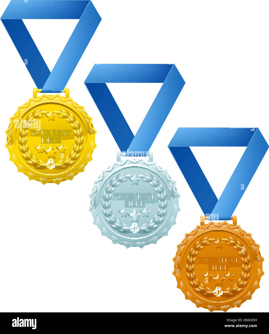 Three winners medals, bronze silver and gold, with laurel wreaths and ...