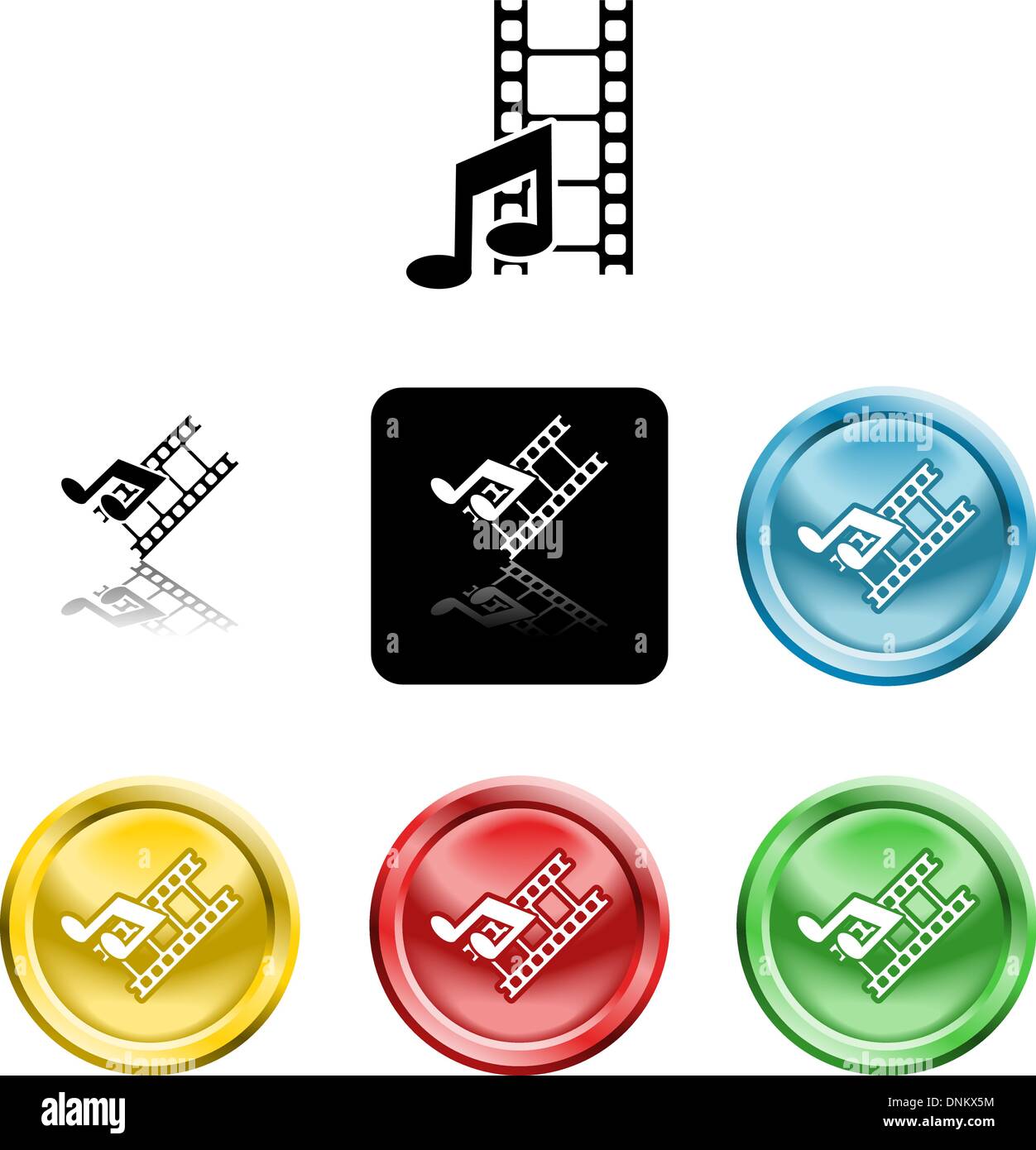 Several versions of an icon symbol of stylised music note and movie ...