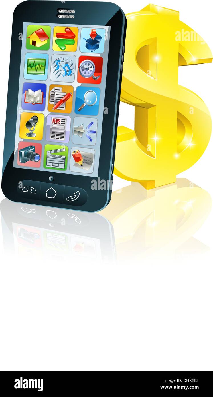 Illustration of cell phone leaning on dollar sign. Concept for ...