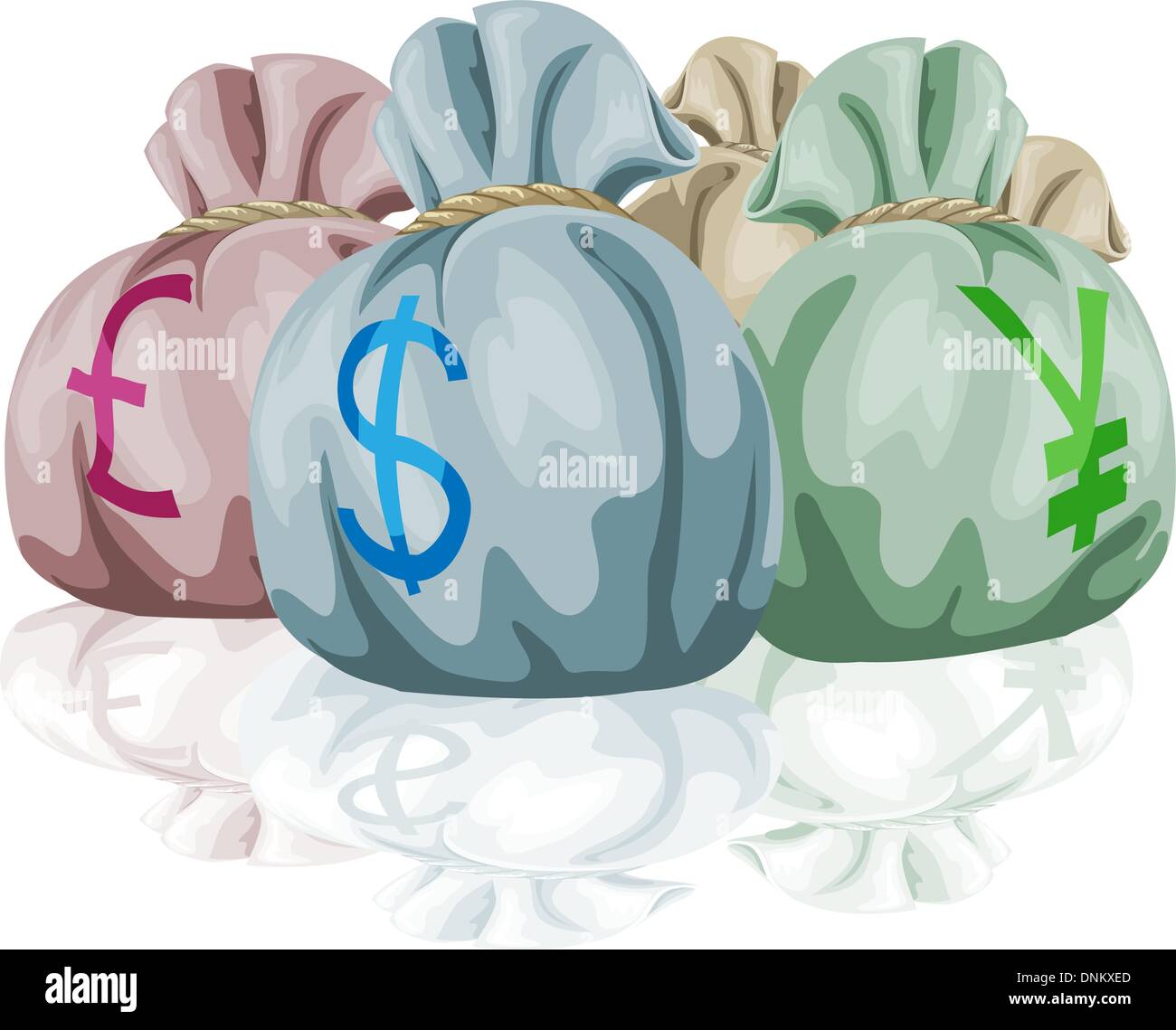 Money bag sacks containing different world currencies. Pound, dollar ...