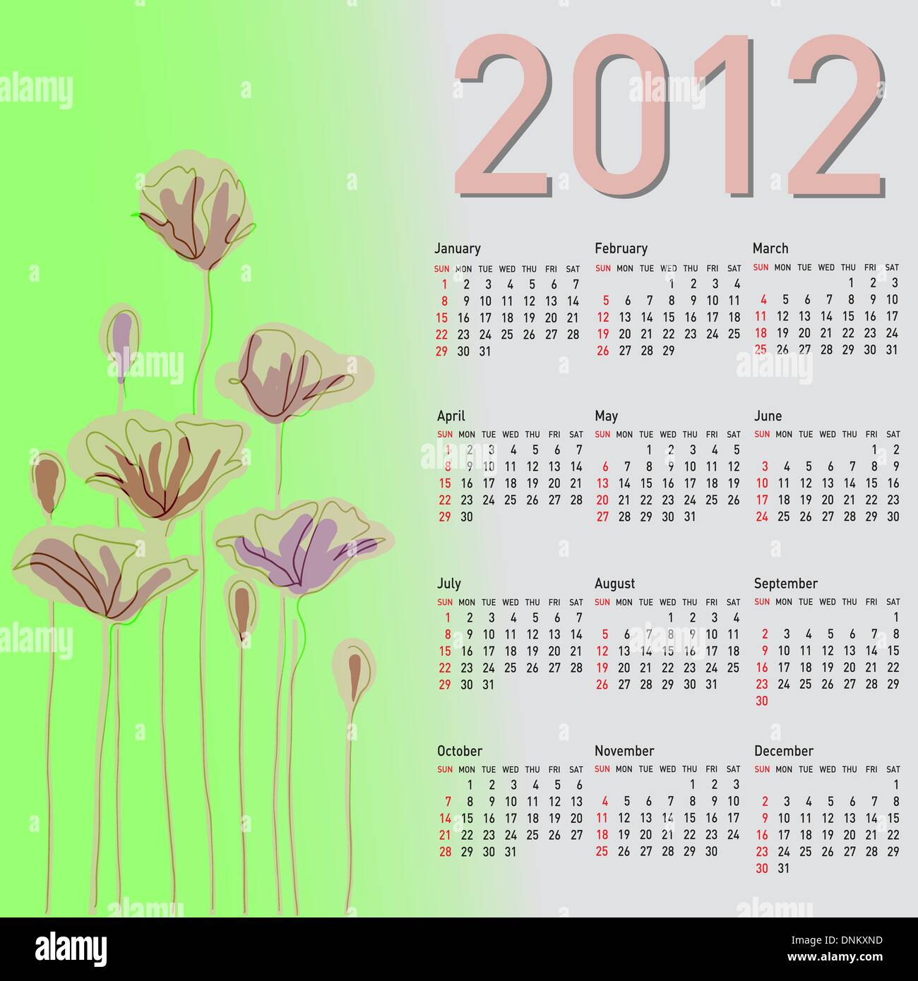 Stylish calendar with flowers for 2012. Week starts on Sunday Stock ...