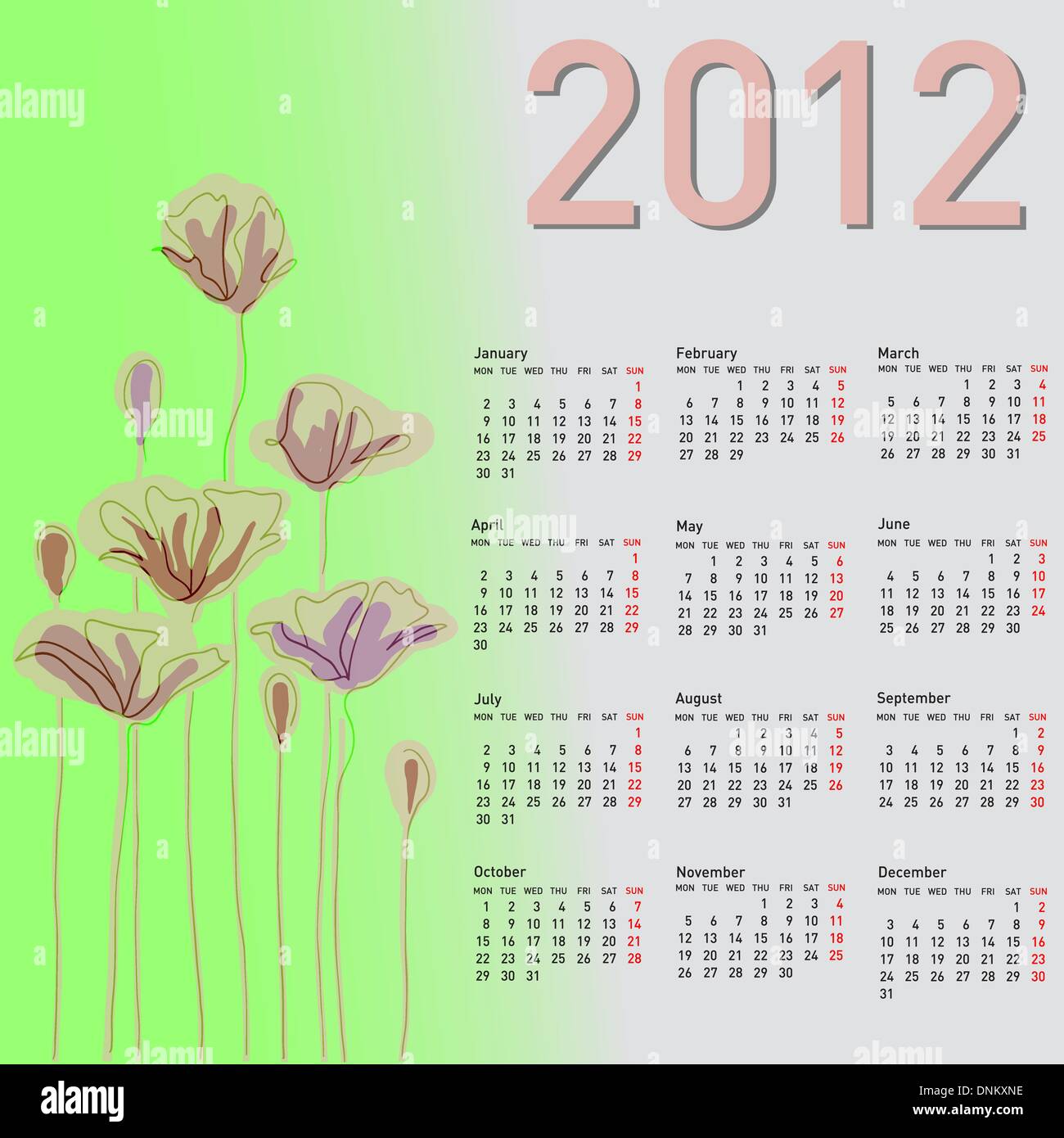 Stylish calendar with flowers for 2012. Week starts on Monday Stock ...