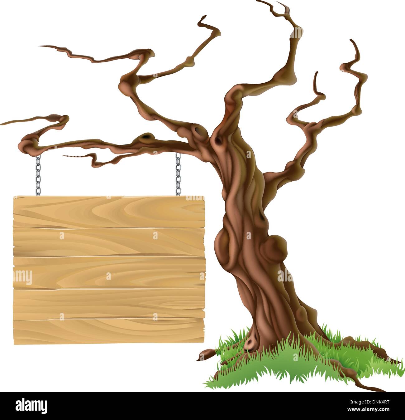 Illustration of a bare tree with a wooden sign on a chain hanging from ...