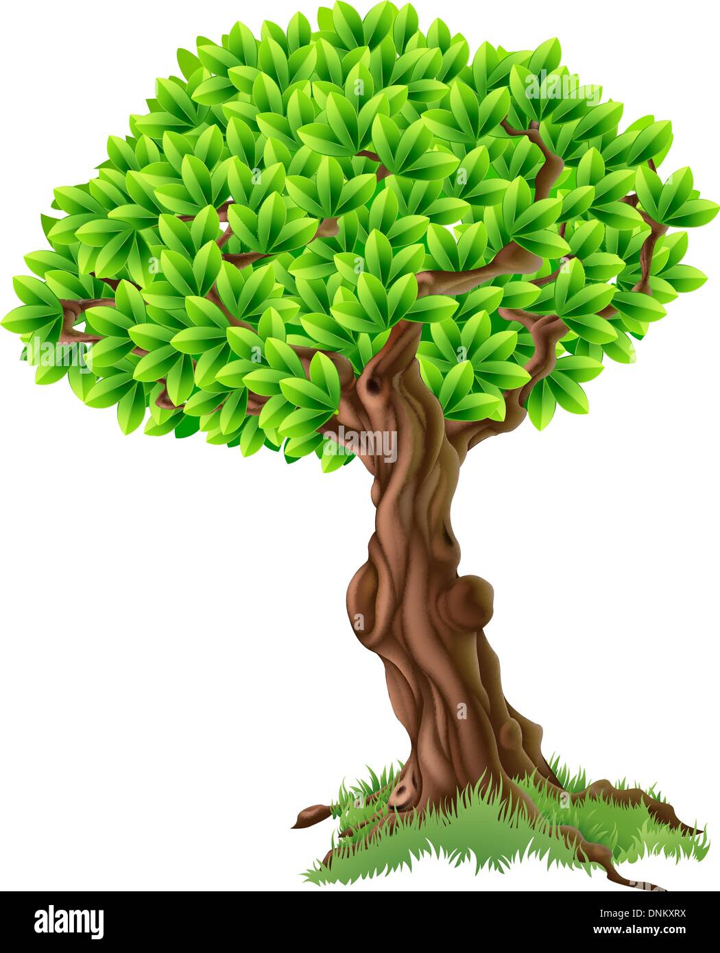 An illustration of a bright green tree with grass around the trunk ...