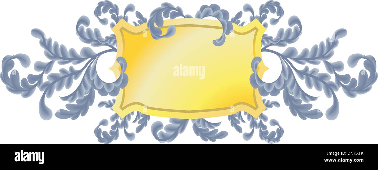 An illustration of a shield or plaque with pretty oak leaf scrolls. No ...
