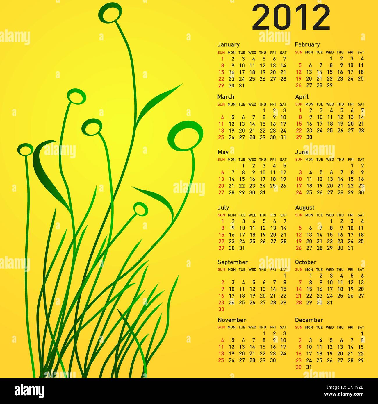 Stylish calendar with flowers for 2012. Week starts on Sunday Stock ...