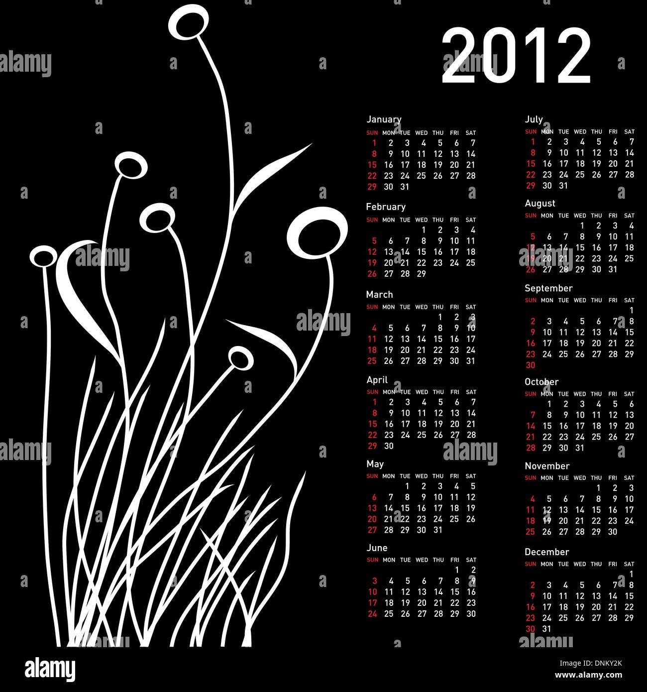 Stylish calendar with flowers for 2012. Week starts on Sunday Stock ...