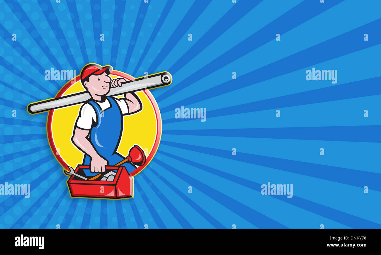 Business card template illustration of a plumber carrying pipe and ...