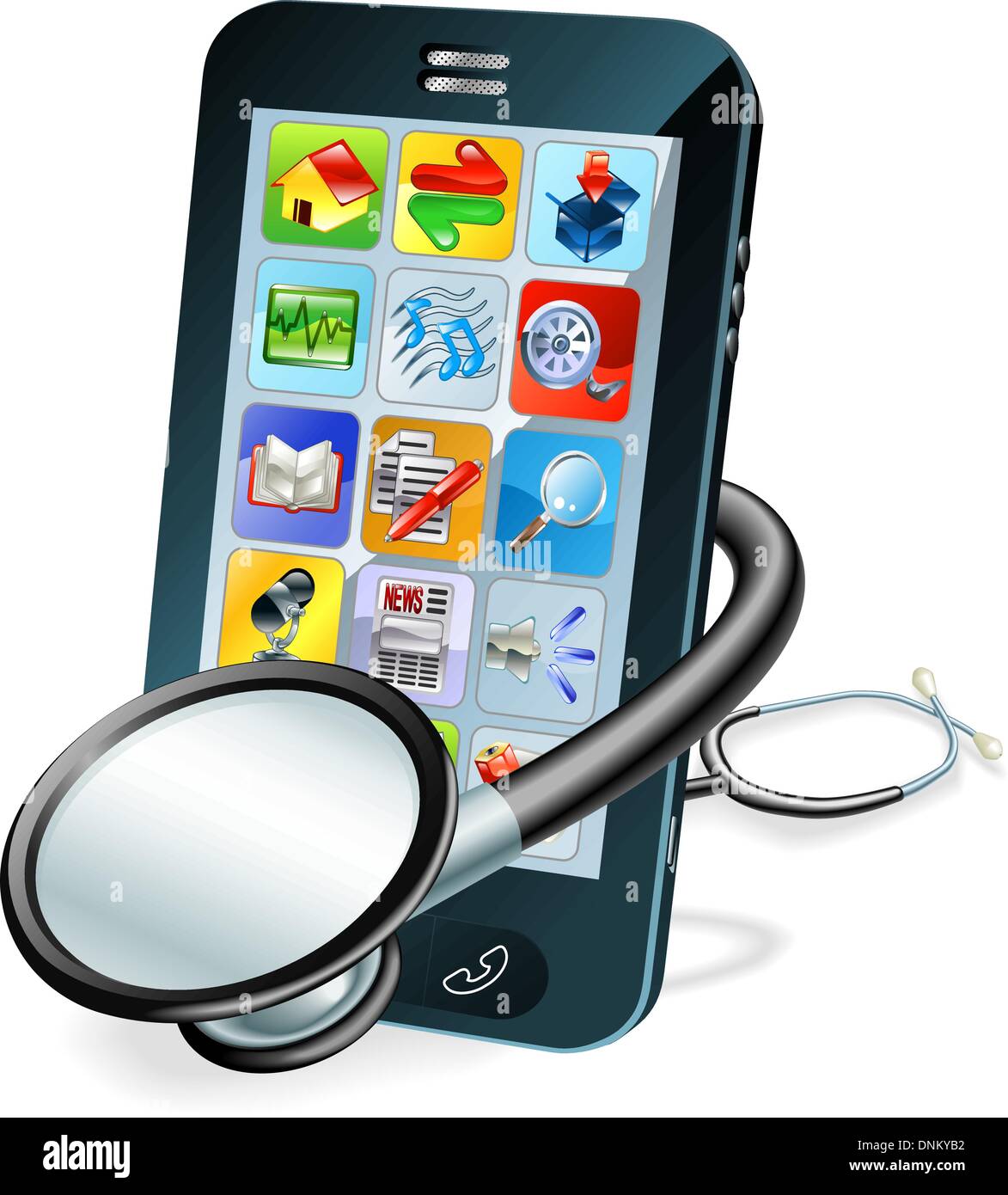 A mobile phone with stethoscope wrapped round it. Problem diagnosis ...