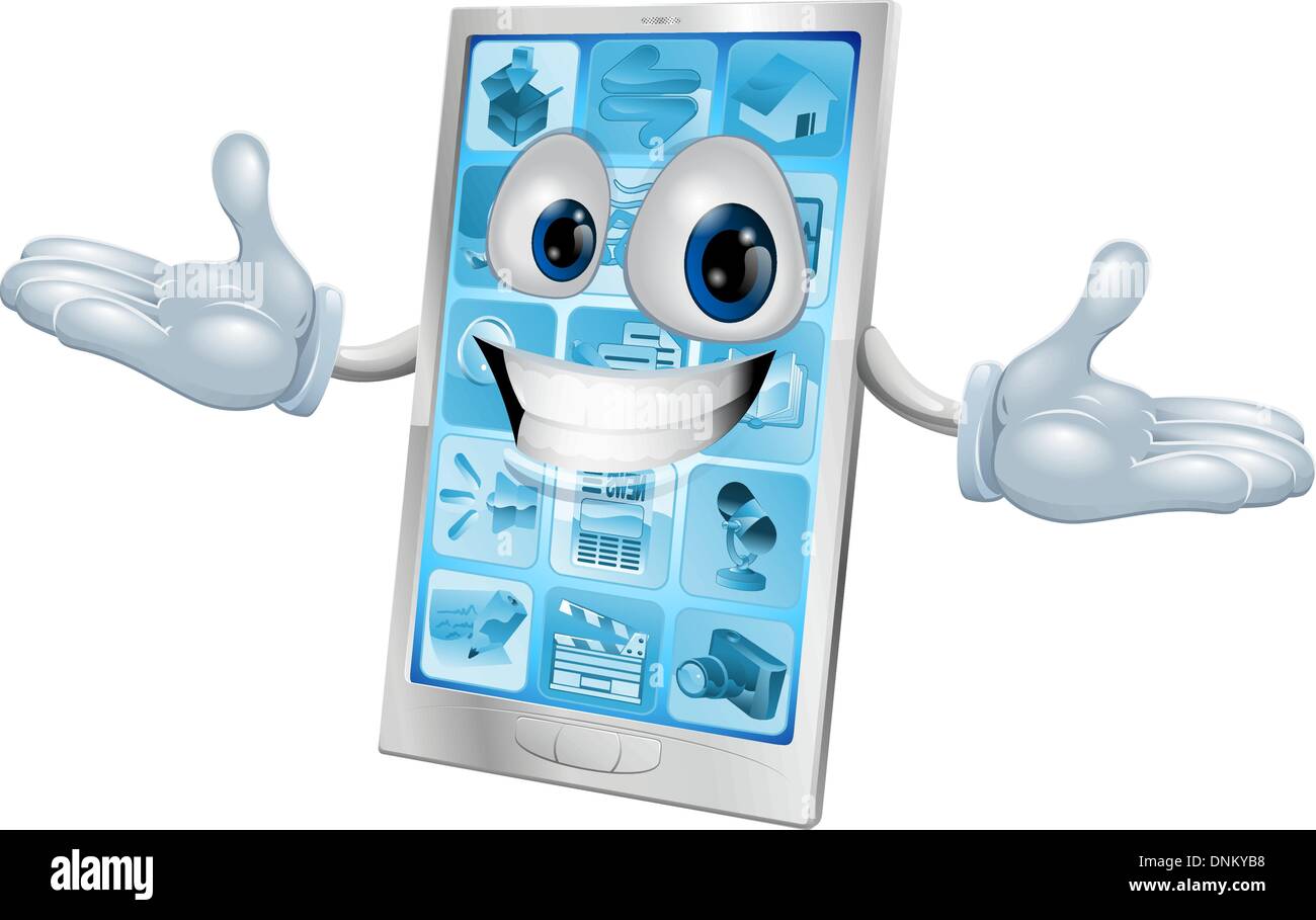 Happy smiling silver and blue phone cartoon character or mascot Stock ...