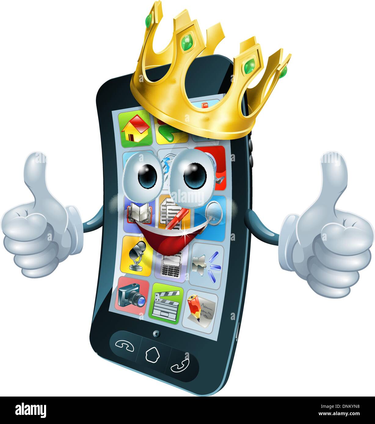 A cute happy cartoon phone man king with thumbs up and gold crown on ...