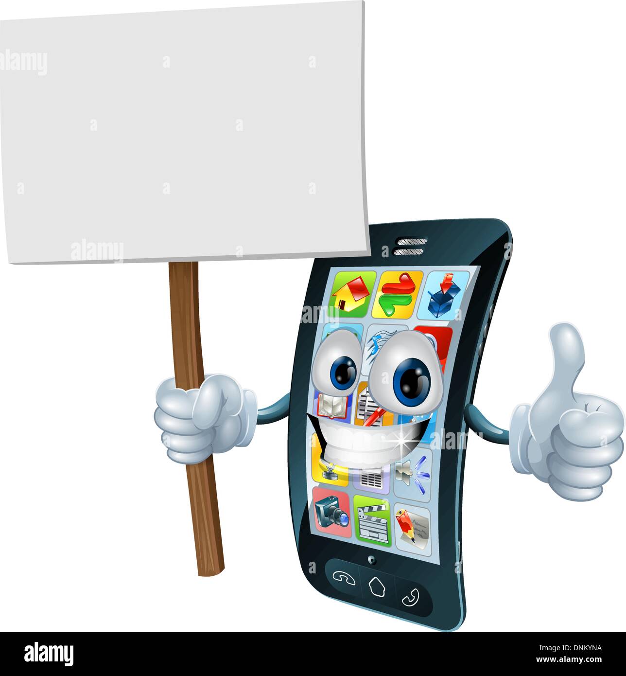 Mobile phone mascot character holding an announcement board sign ...