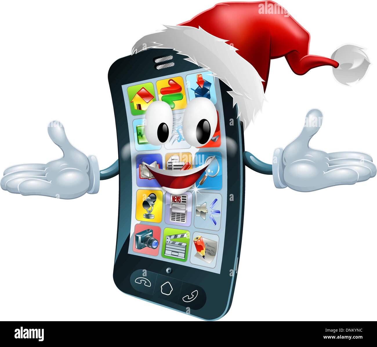 Illustration of a happy Christmas cell phone wearing a Santa Claus hat ...