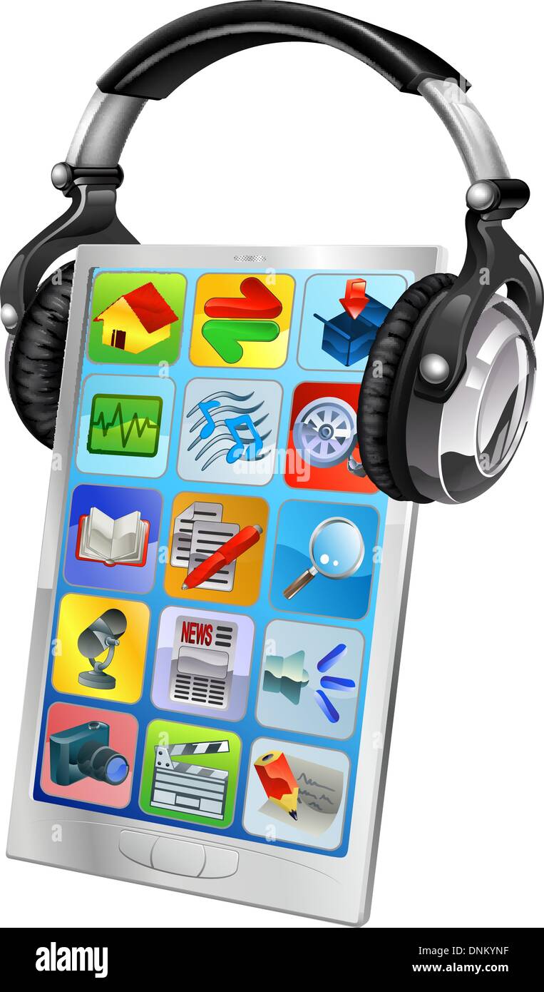 Concept illustration of a mobile phone wearing music headphones Stock ...