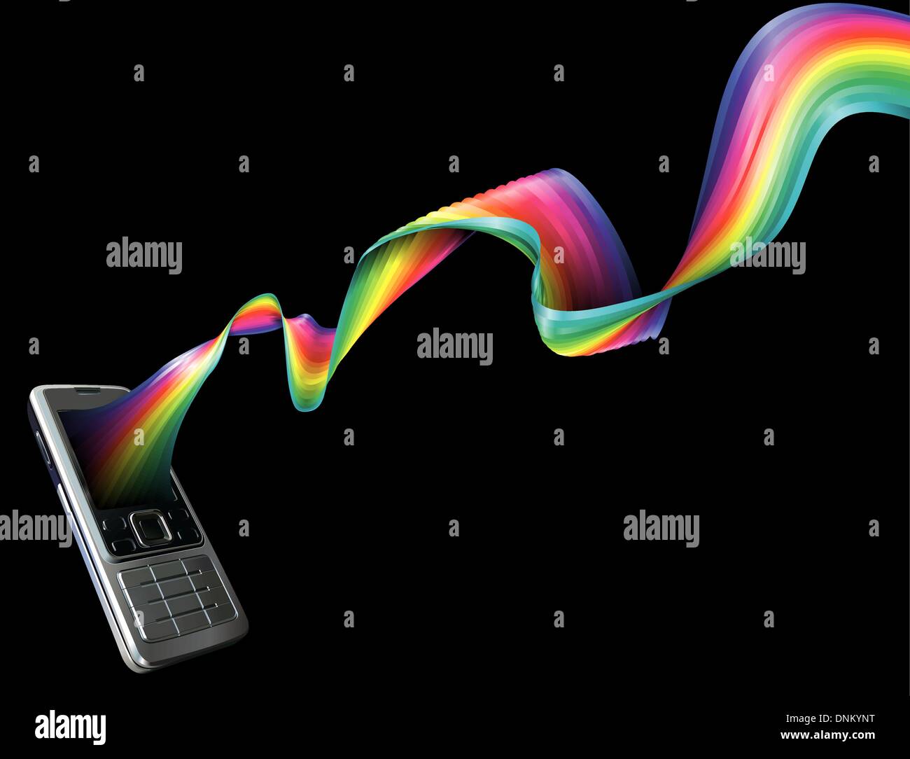 An abstract background with mobile cell phone with a rainbow flowing ...