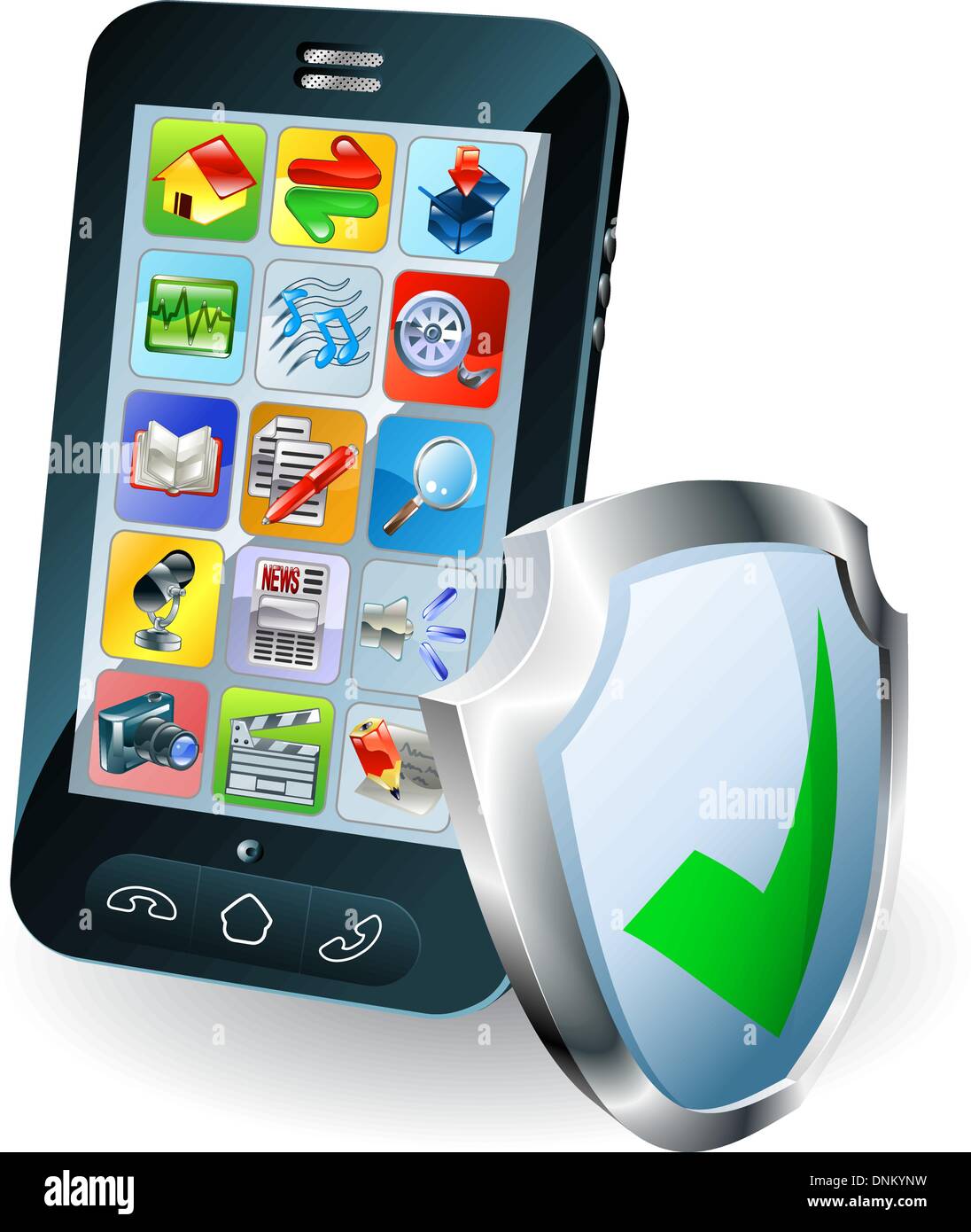 Mobile phone with shield tick icon indicating it is protected, safe ...