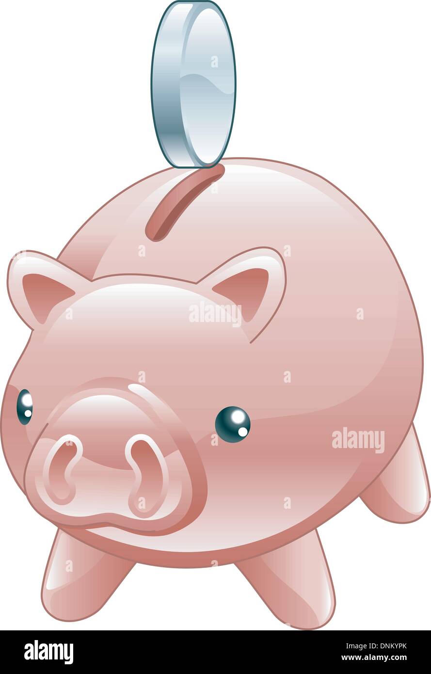 An illustration of a cute shiny piggy bank with a coin going into it ...