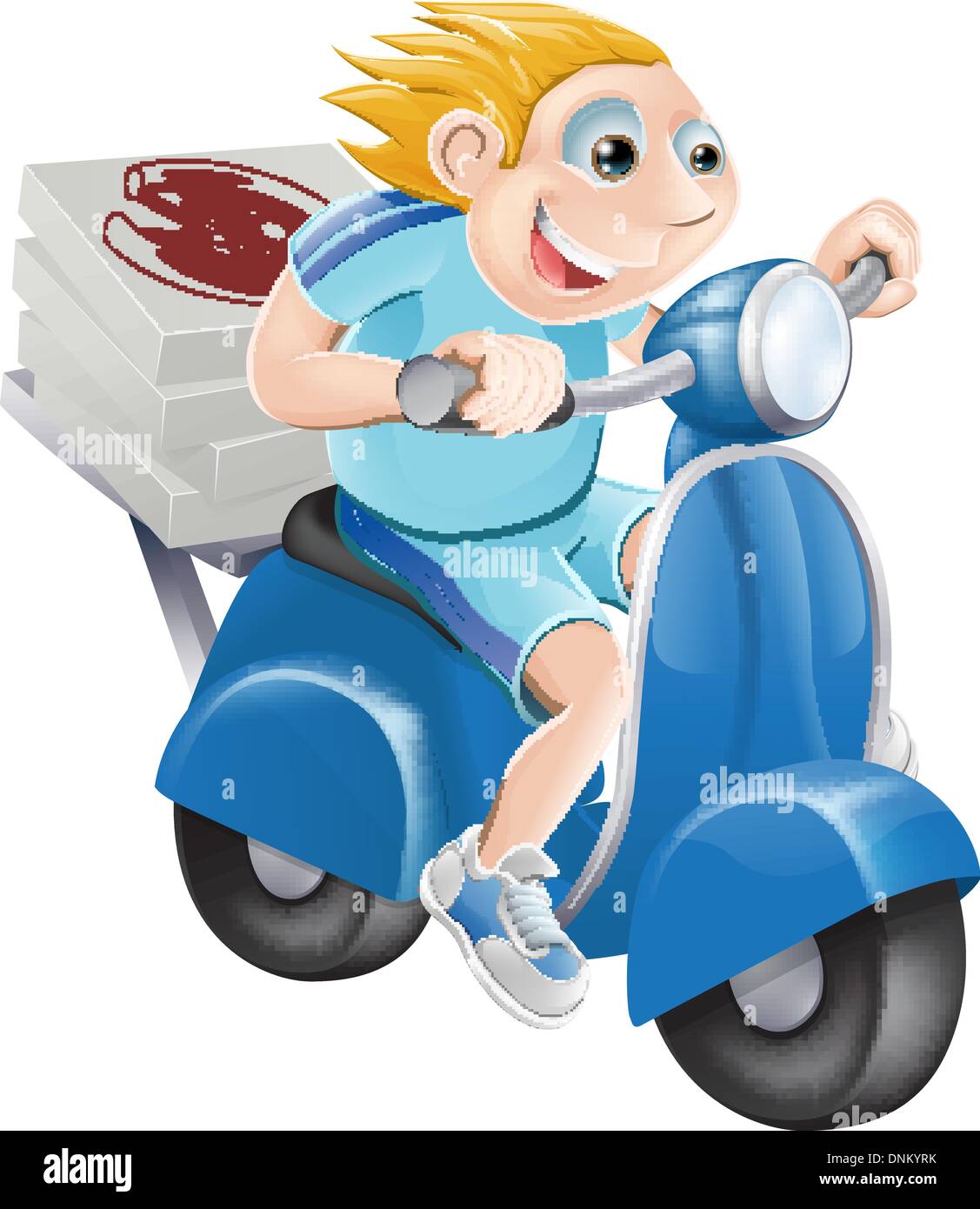 A cartoon pizza delivery man delivering pizza on his moped motor bike ...