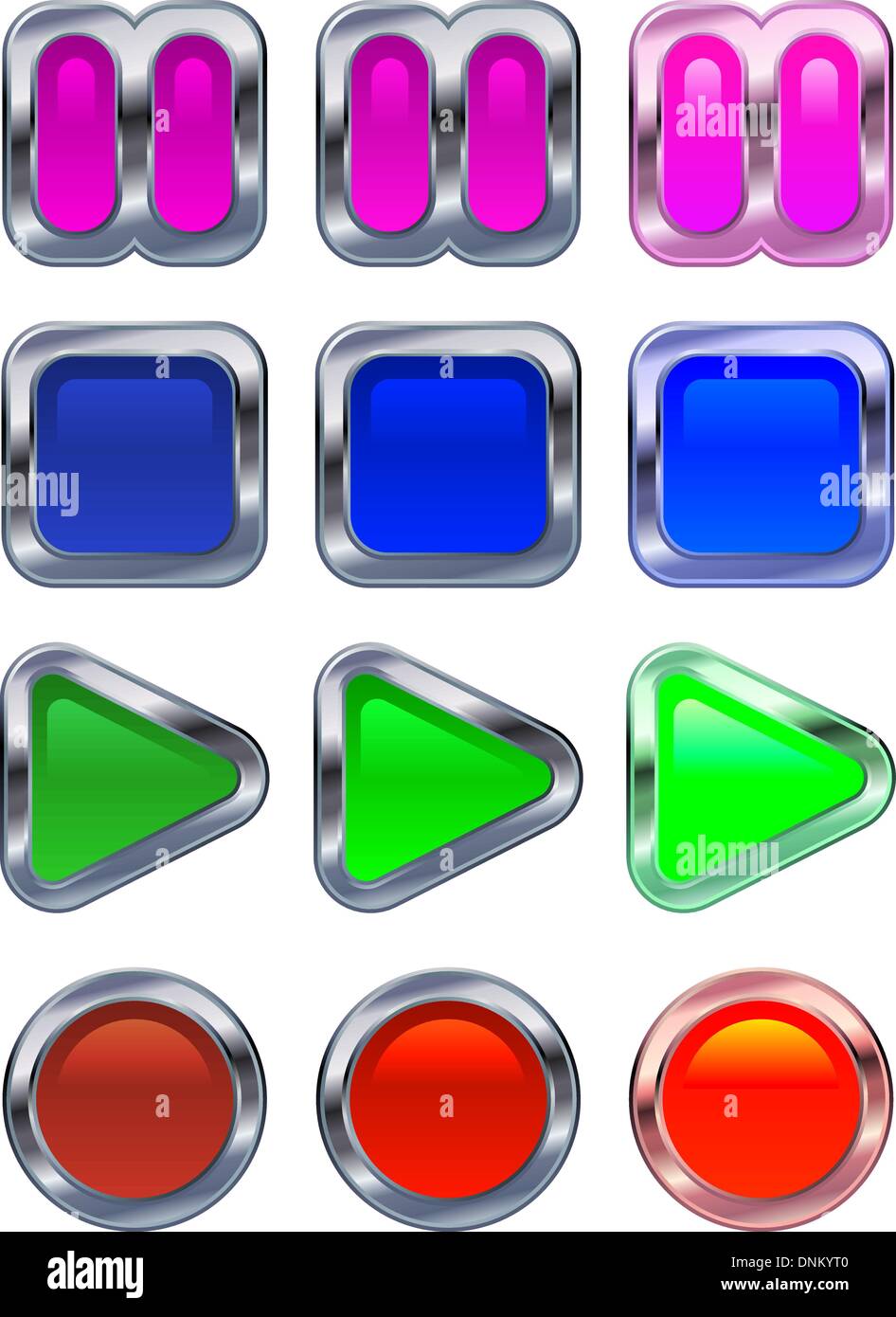 Shiny metallic glowing control panel button icons in various rollover ...