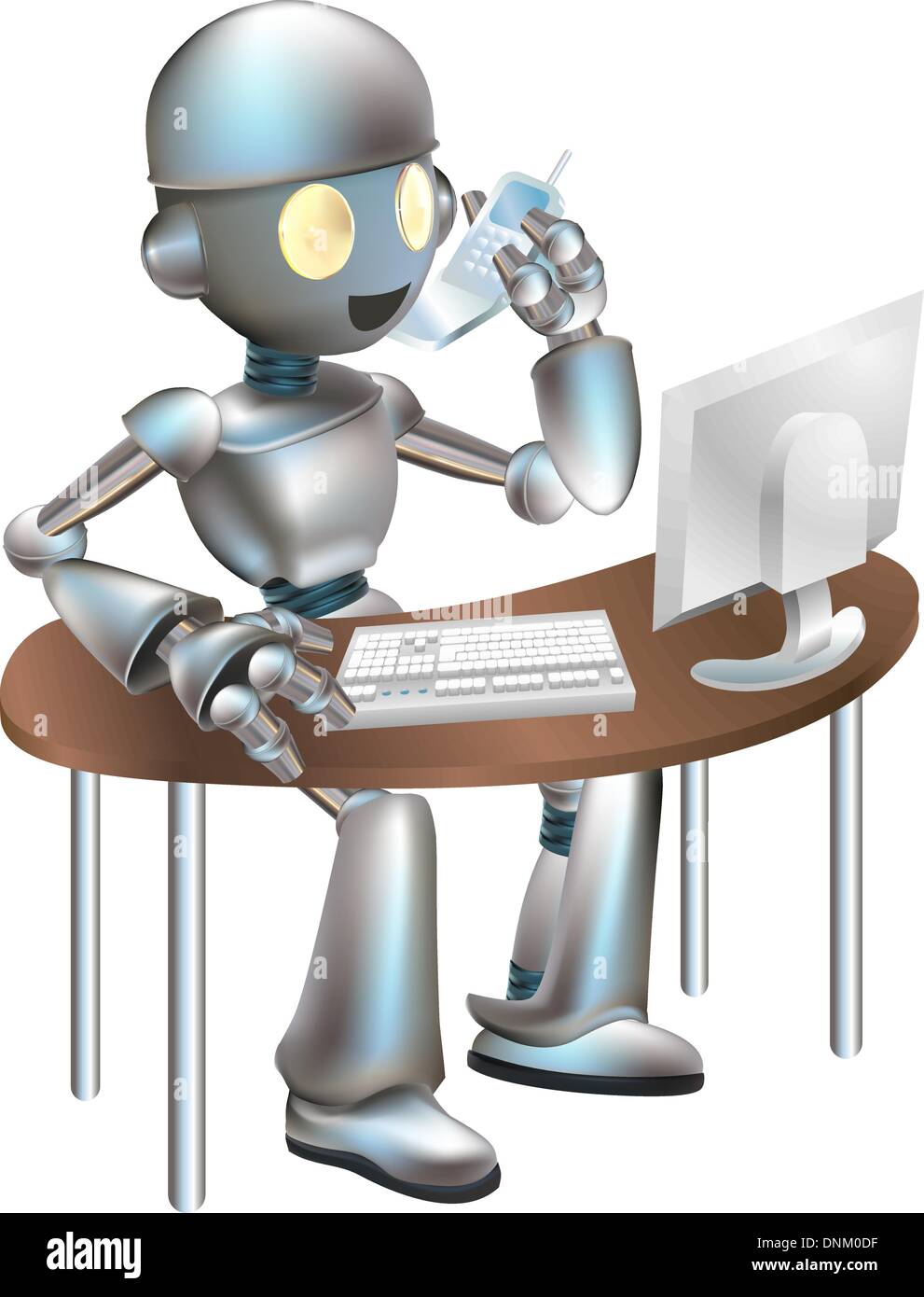 Illustration of futuristic robot sitting at desk on the phone and ...