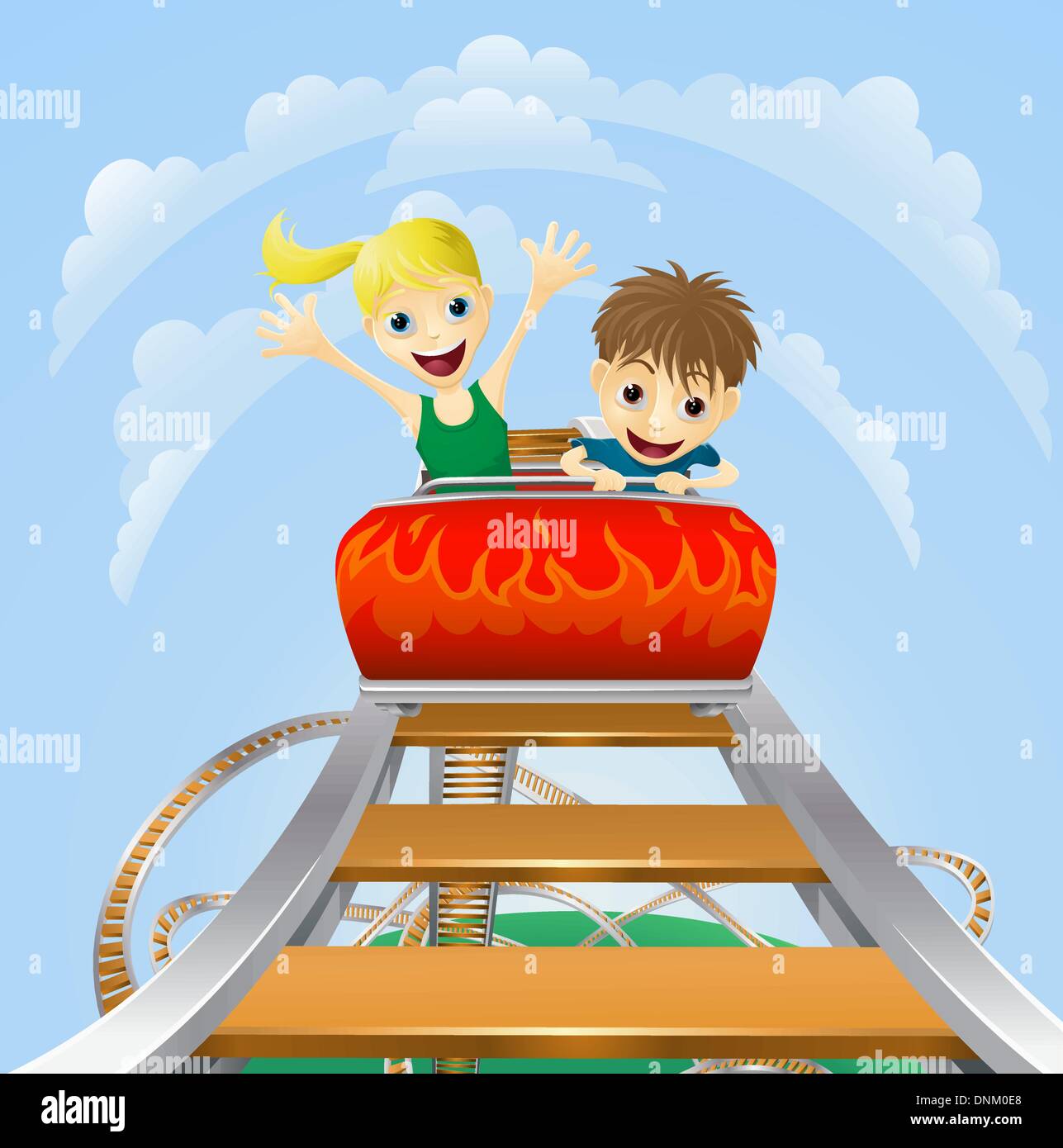 Illustration of a boy and girl enjoying a thrilling roller coaster ride ...