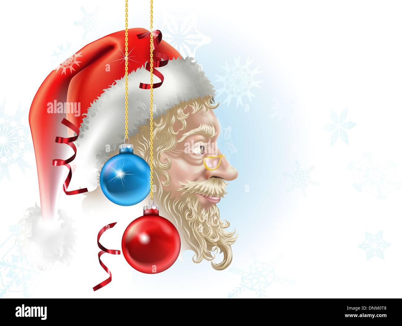 illustration of santa in profile with christmas baubles and streamers ...