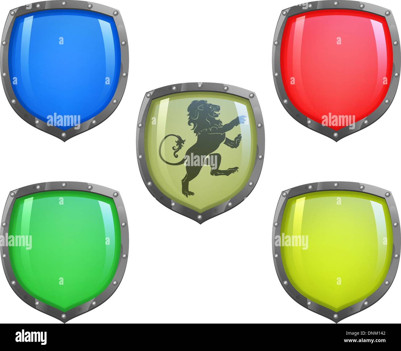 Illustration of shield in 5 different colours and lion motif Stock ...