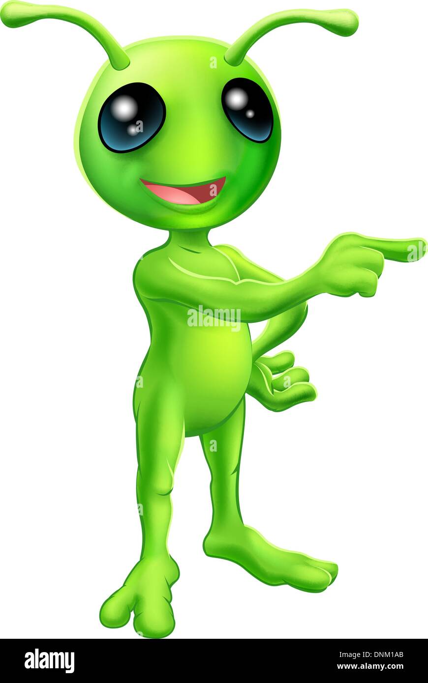 An illustration of a cute green cartoon alien pointing a finger and ...