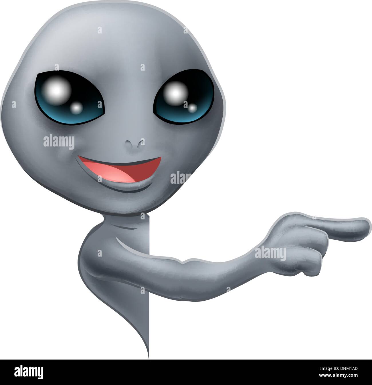 An illustration of a cute grey cartoon alien peeking round a sign or ...