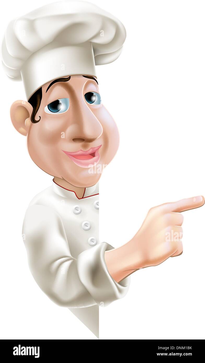 A fun cartoon chef pointing sideways at a sign or banner Stock Vector ...