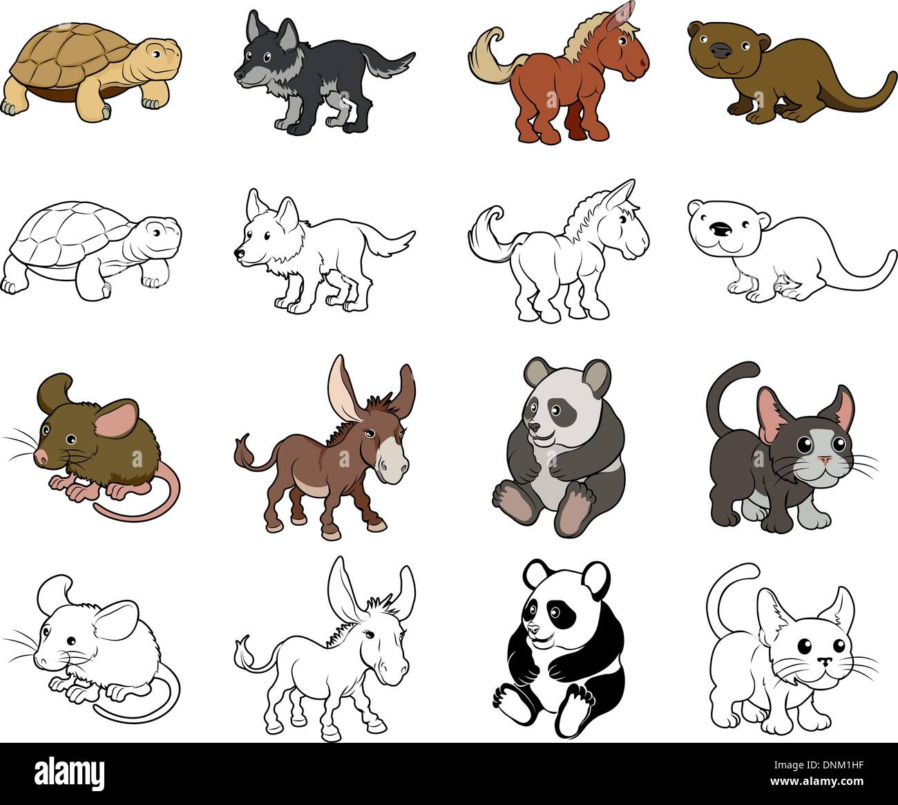 A set of cartoon animal illustrations. Color and black an white outline ...