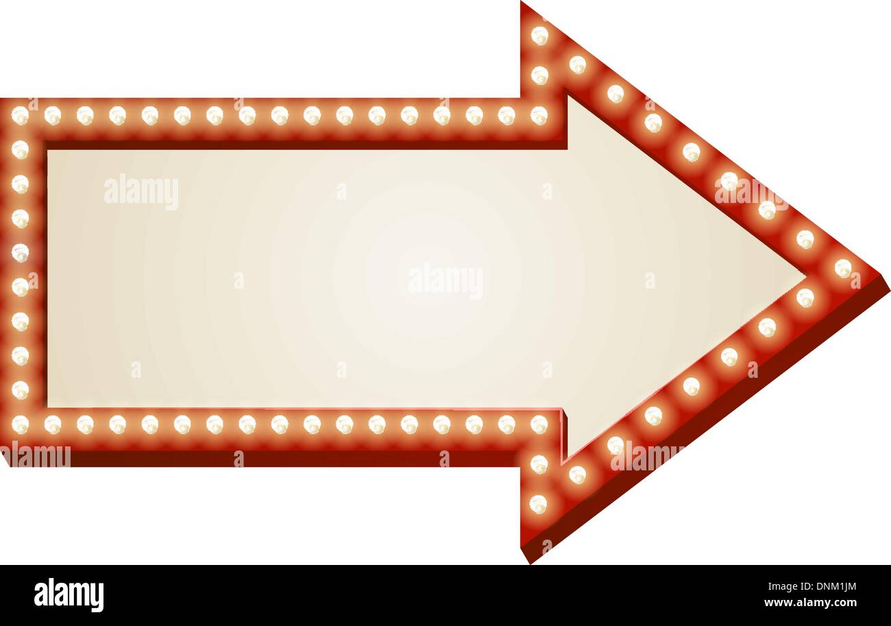 Illustration of red arrow sign with copy space and light bulbs surround ...