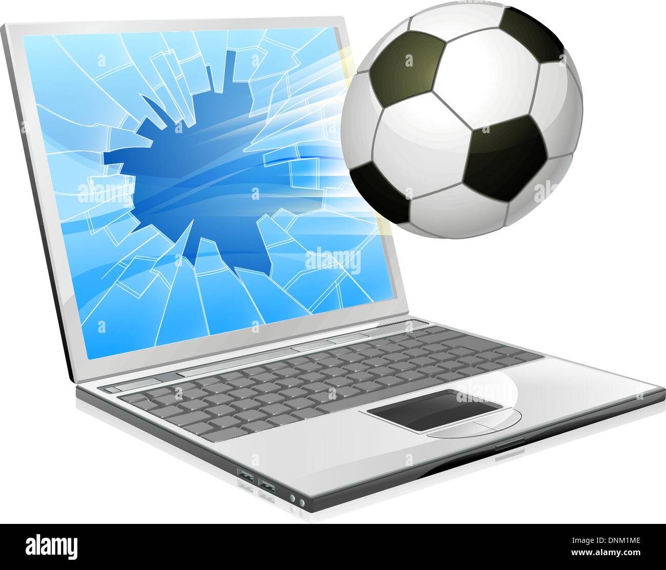 Illustration of a soccer ball or football flying out of a broken laptop ...
