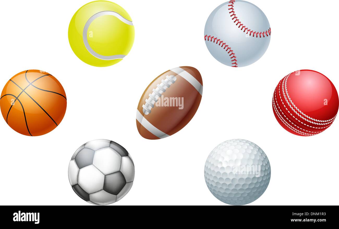 Illustrations of sports ball icons, including cricket ball, football ...