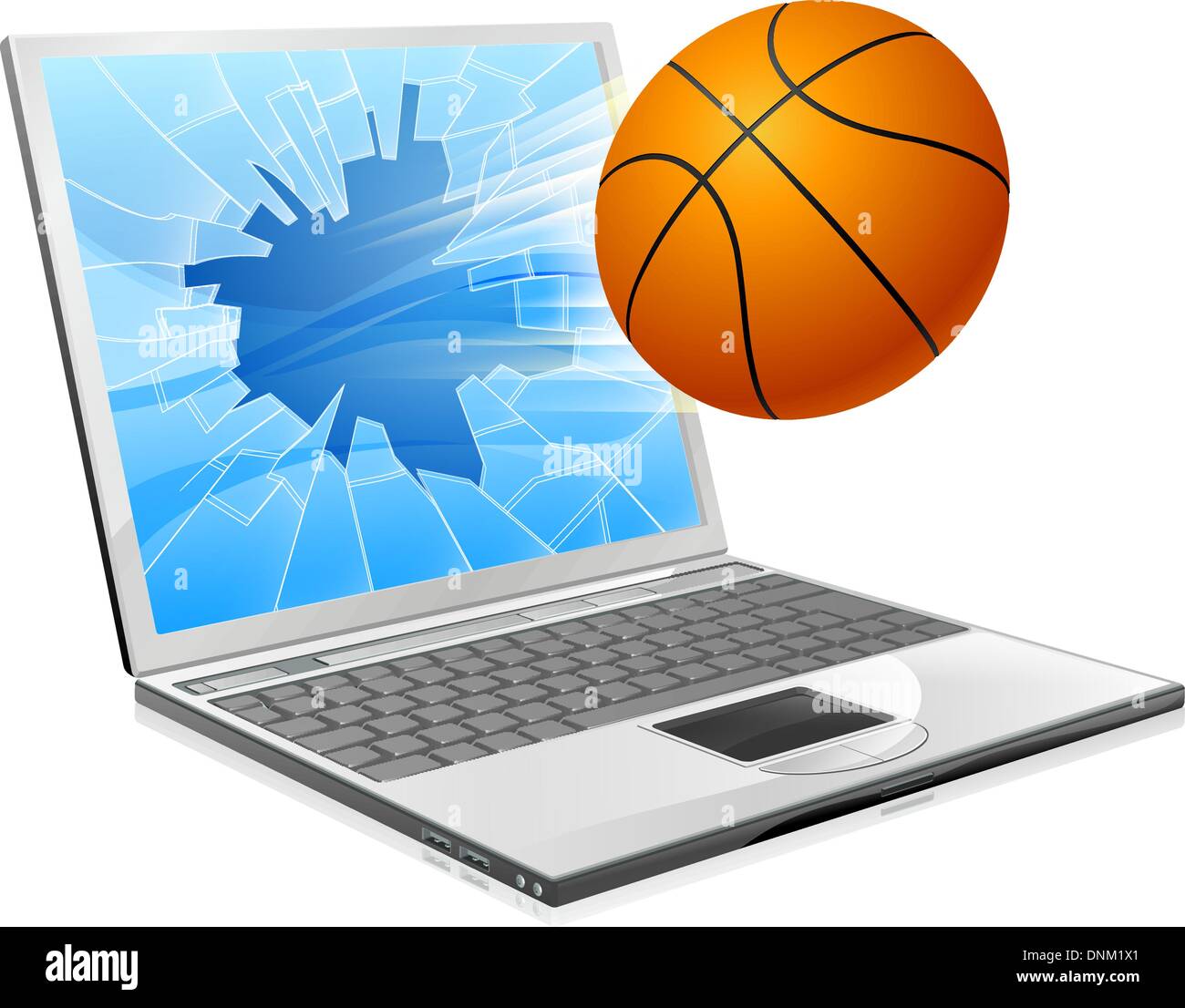 Illustration of a basketball ball flying out of a broken laptop ...