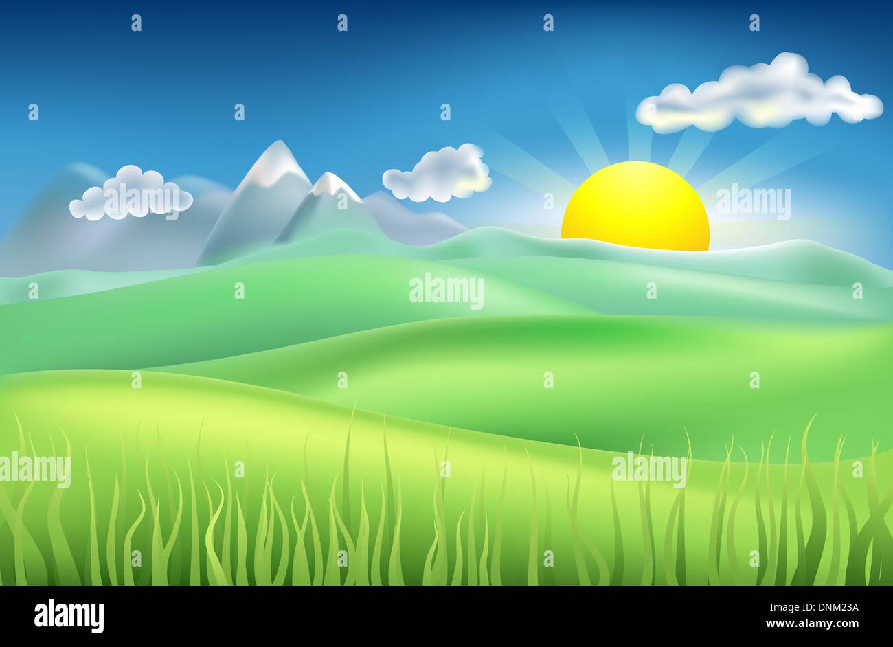 Illustration of summer landscape with sun, hills, and mountains Stock ...