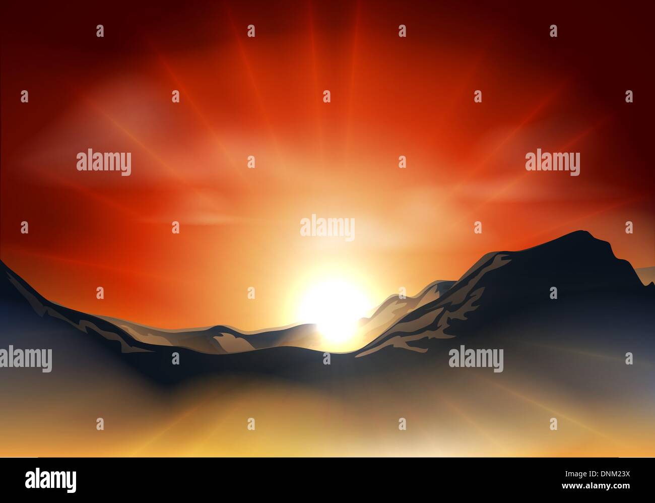 Illustration of landscape with sunrise or sunset over a mountain range ...