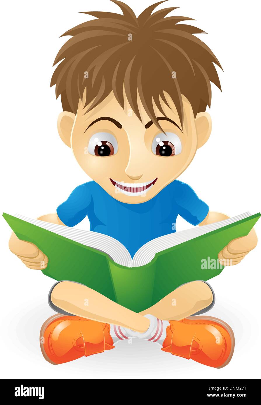 An illustration of a happy small boy smiling and reading a book Stock ...