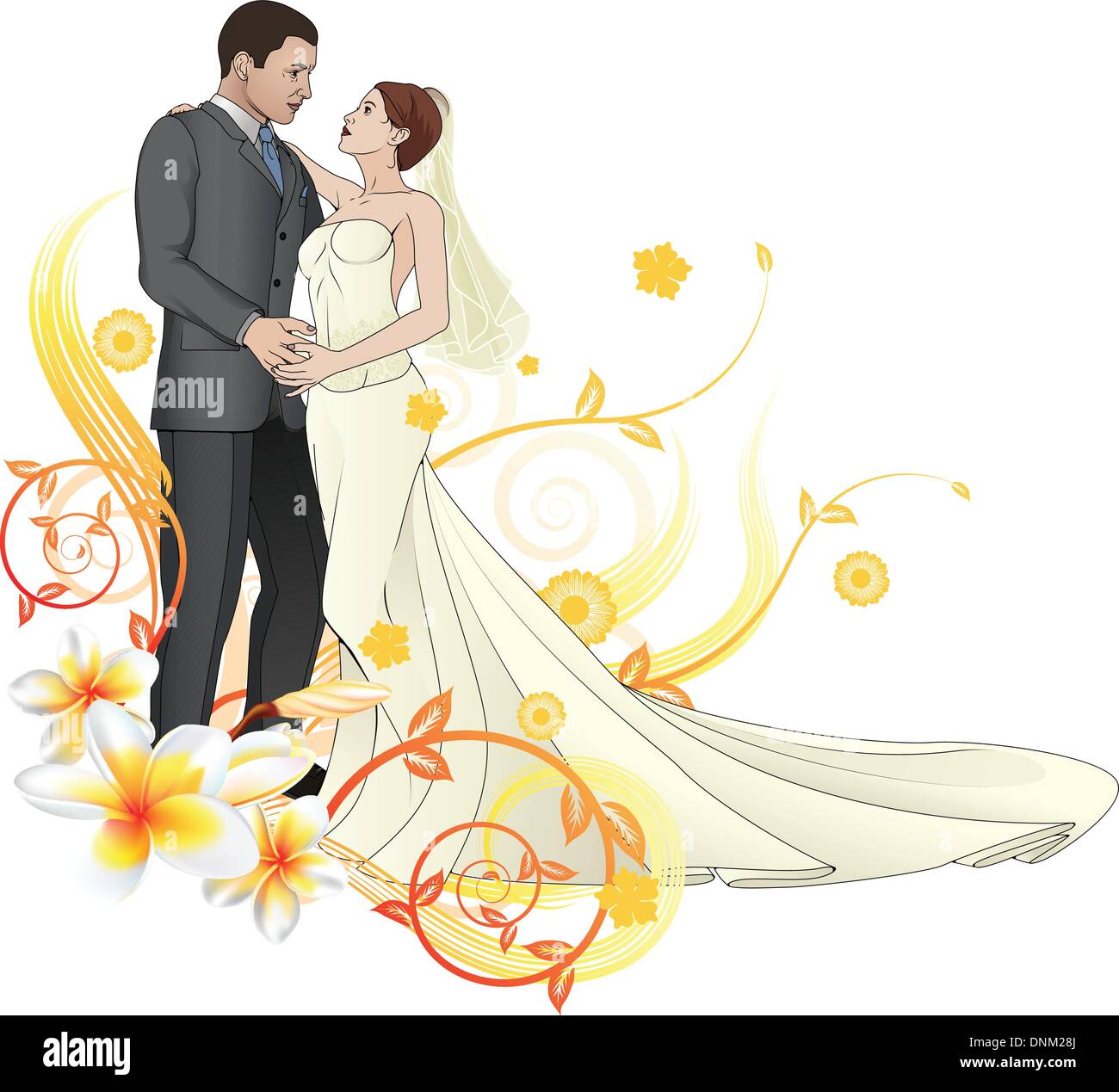 Bride and groom looking into each others eyes dancing abstract floral ...