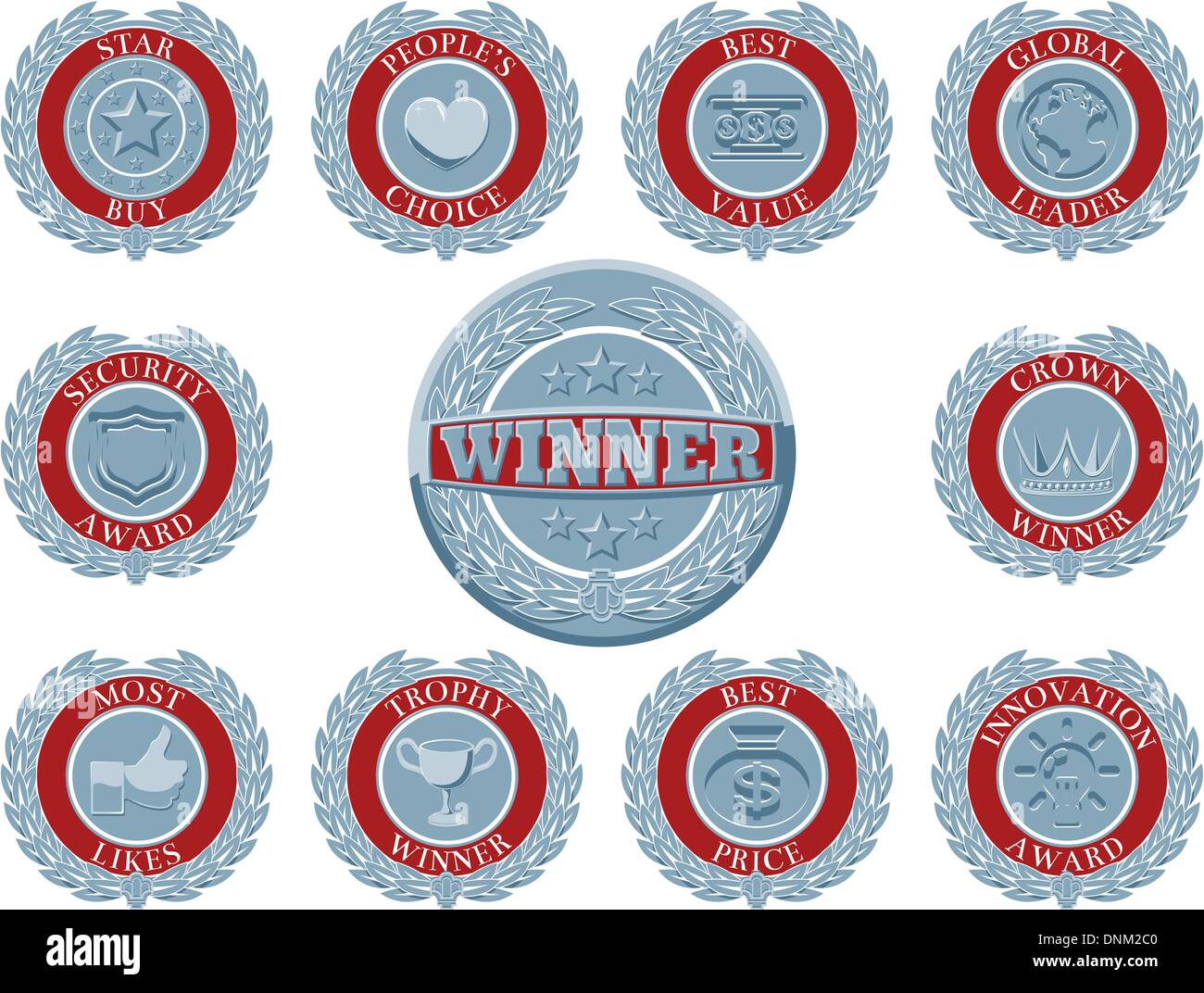 A set of blue and red winners award badges or medallions like those ...