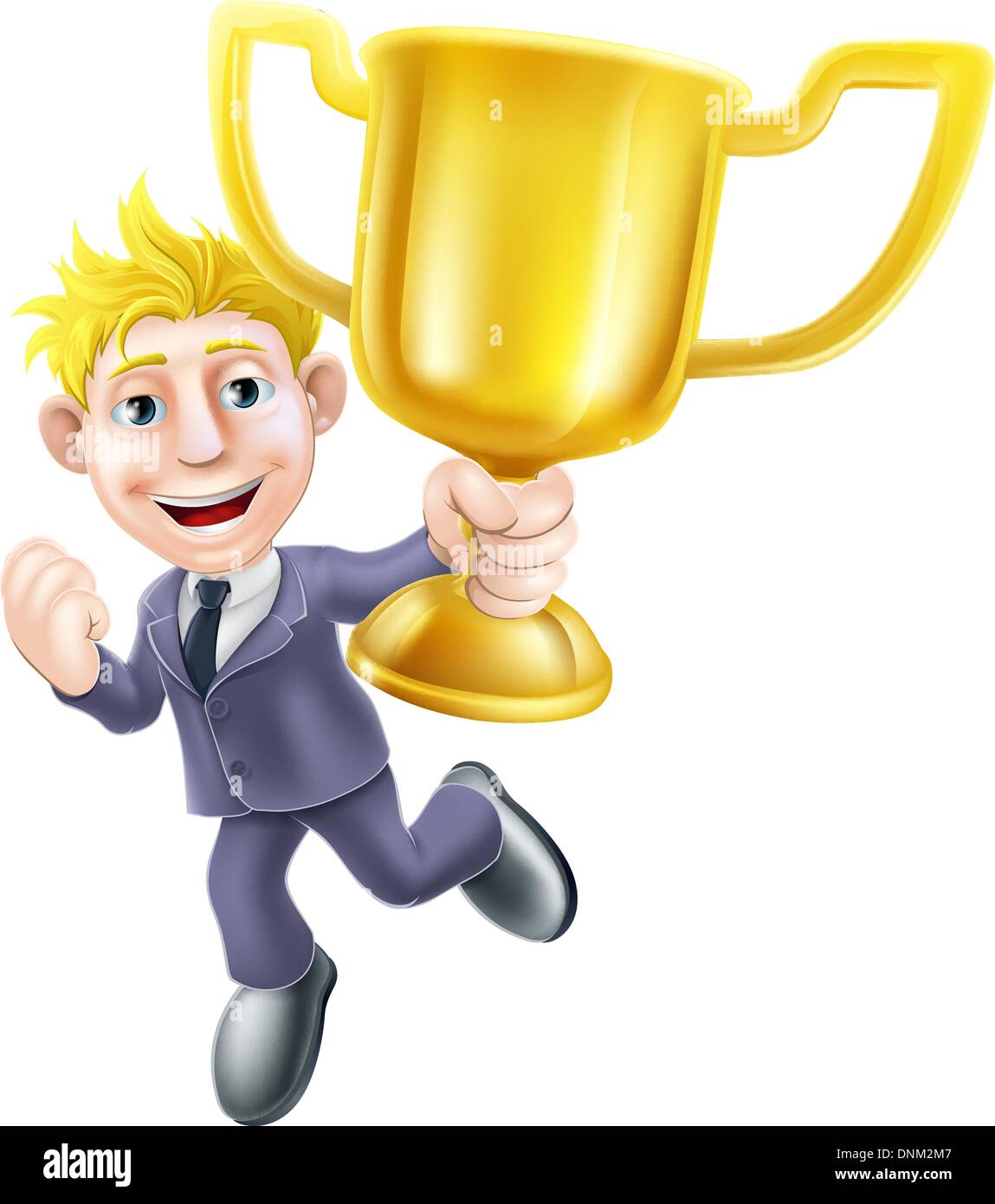 A cartoon business man winner character holding a gold trophy and ...
