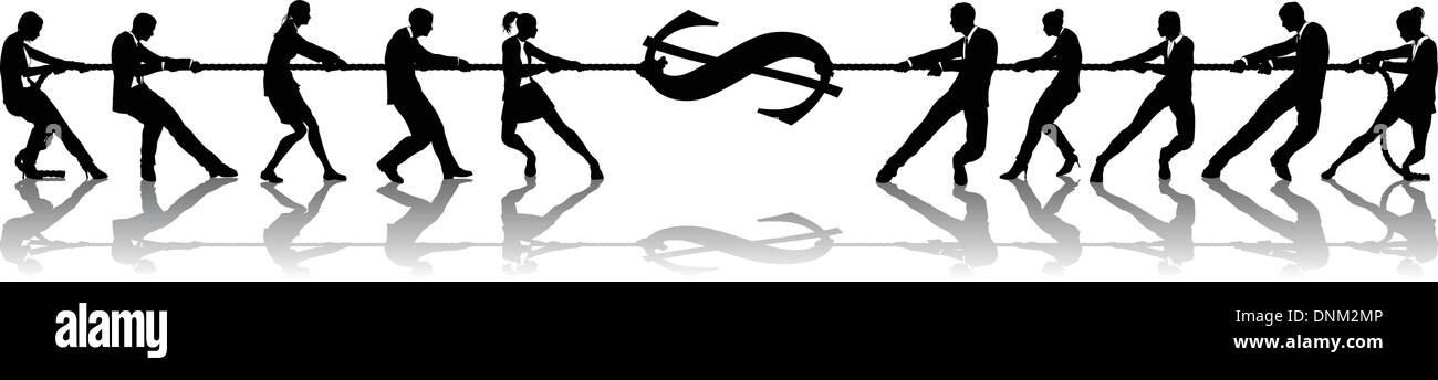 Business people fighting over money or stretching dollar currency money ...