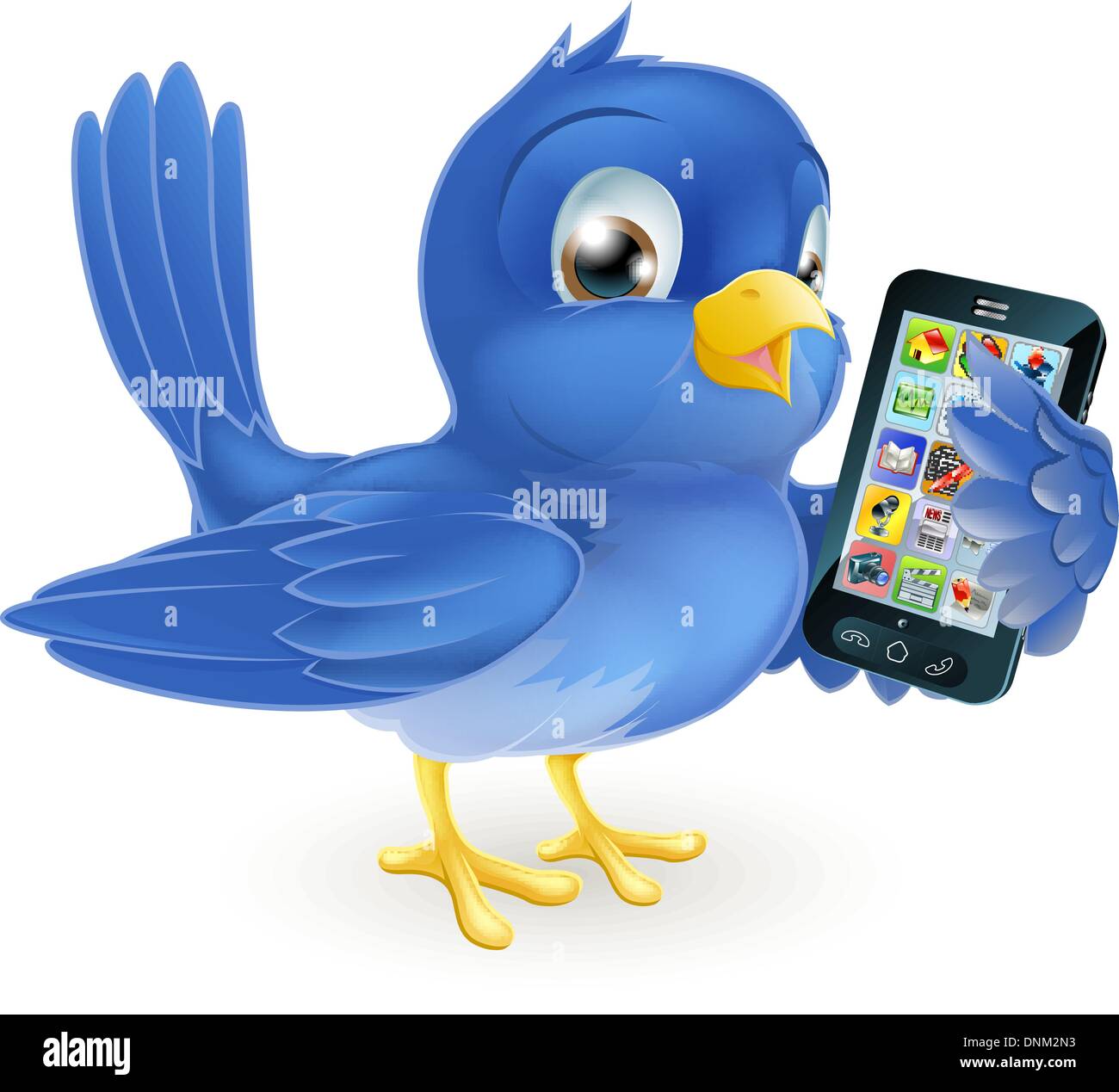 Illustration of a cute happy bluebird holding a mobile cell phone Stock ...