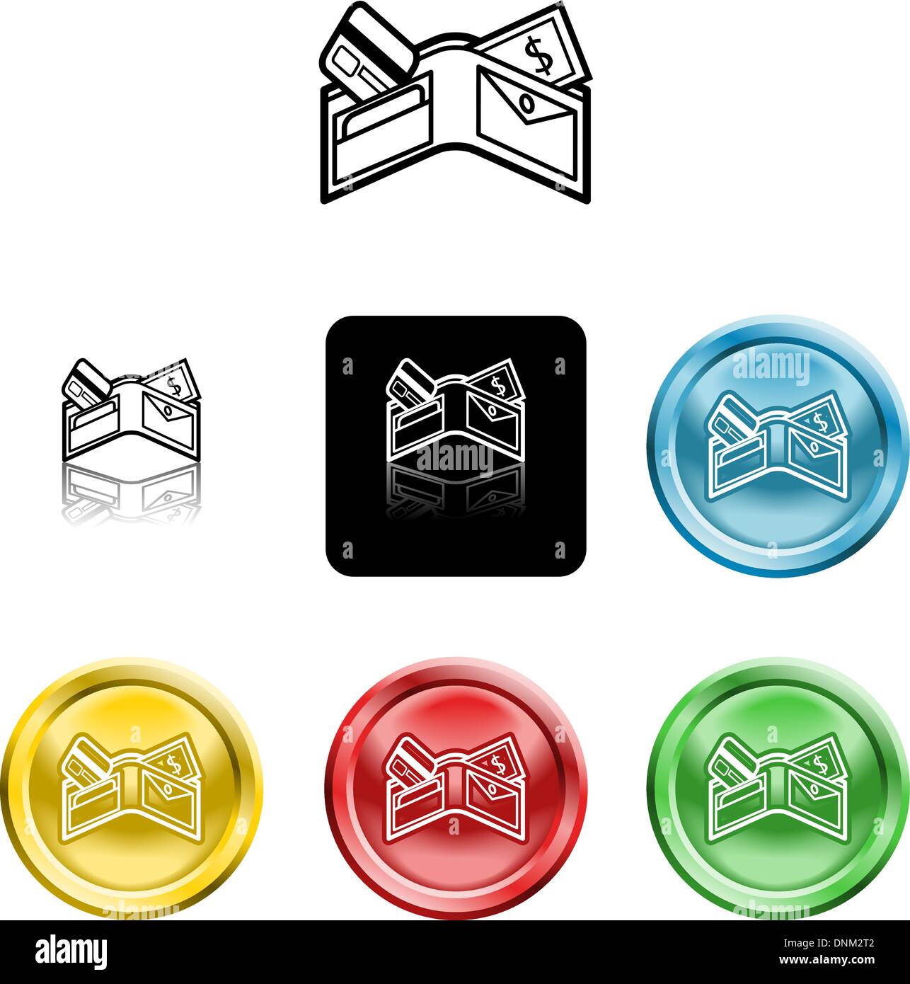 Several versions of an icon symbol of a stylised wallet with cash and ...