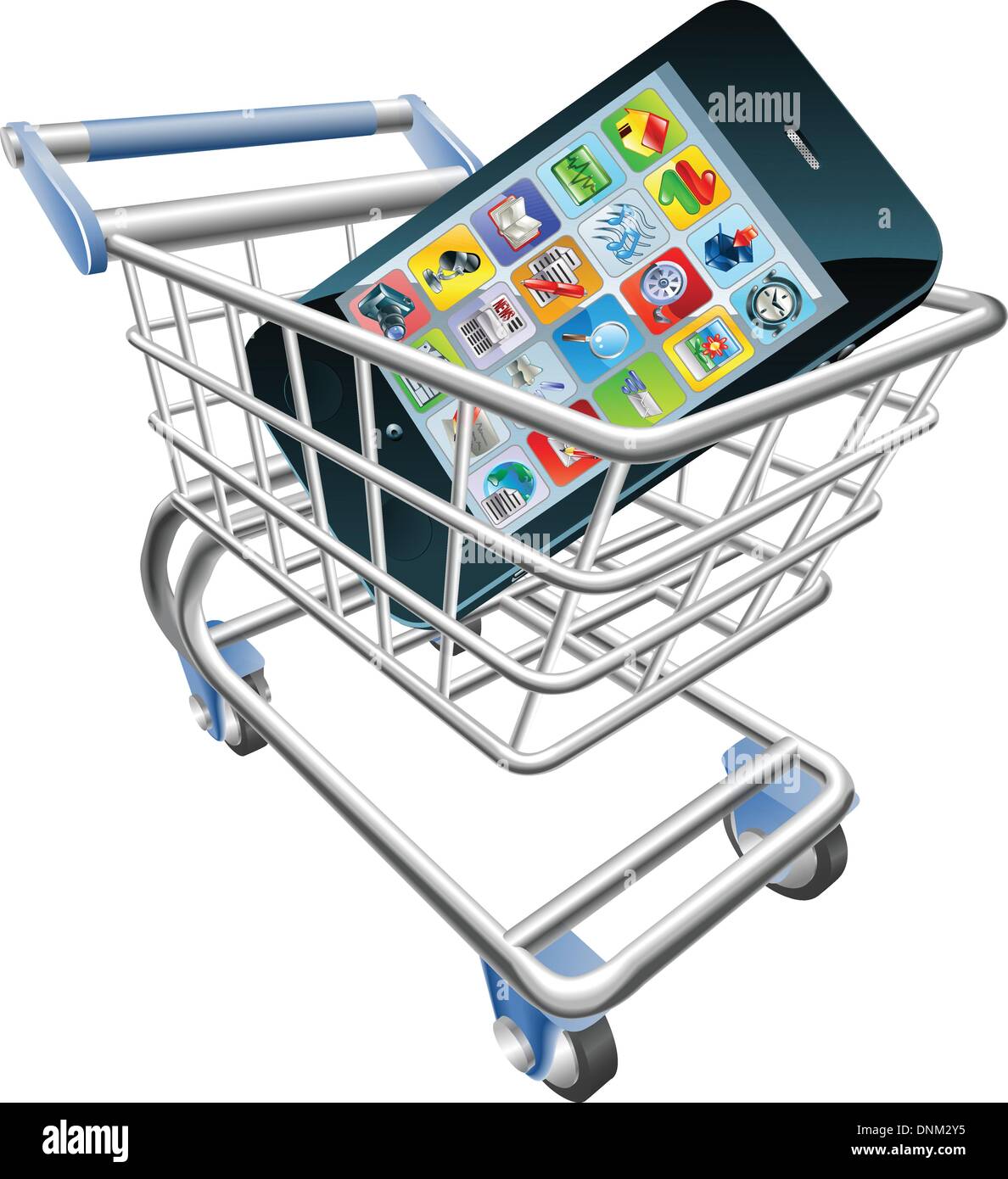 An illustration of a shopping cart trolley with smart phone mobile ...