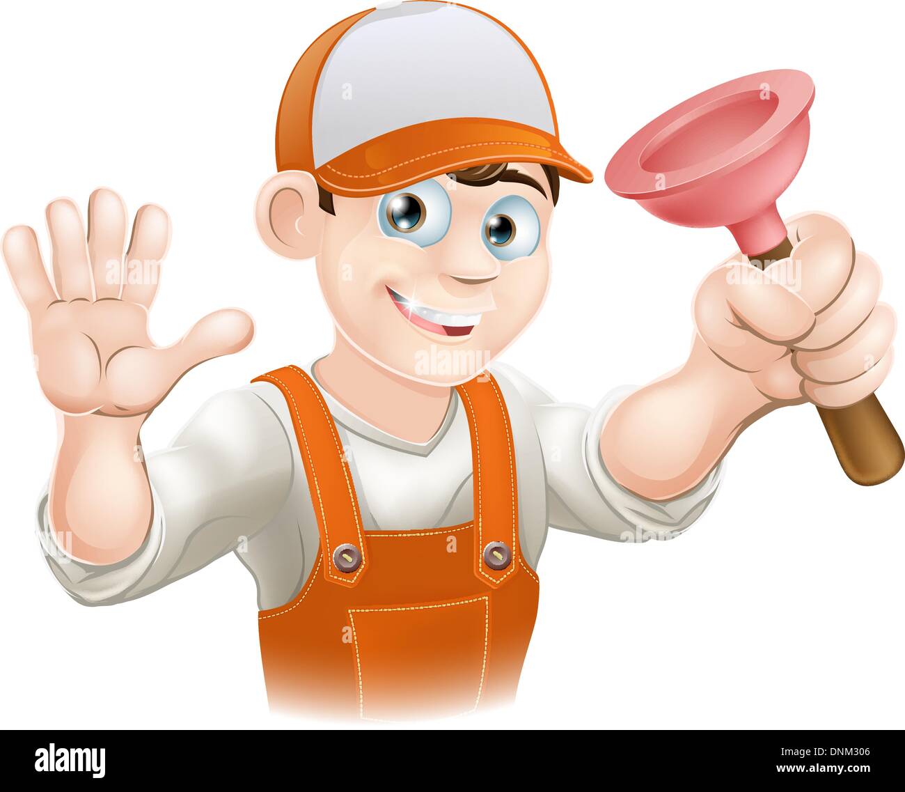 A cartoon plumber holding plunger and smiling and waving Stock Vector ...