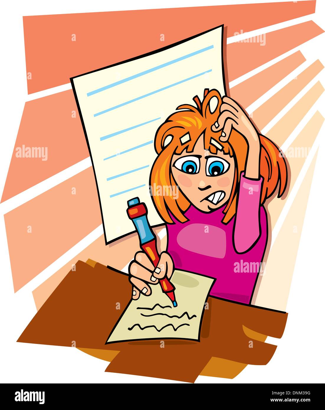 Cartoon illustration of teenage girl and difficult classtest Stock ...
